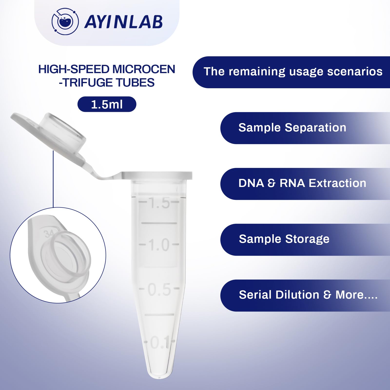 Microcentrifuge Tubes 1.5ml, AyinLab Polypropylene Plastic Tubes 500pcs, Lab Centrifuge Test Tubes with Leak-Proof Snap Caps and Clear Graduated Scale, Non-pyrogenic and DNase/RNase Free