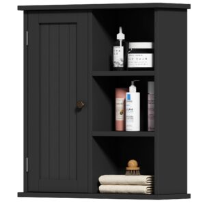 treocho bathroom wall cabinet, medicine cabinet with door and 3 open shelves, wall mounted storage organizer for bathroom, kitchen, living room, black