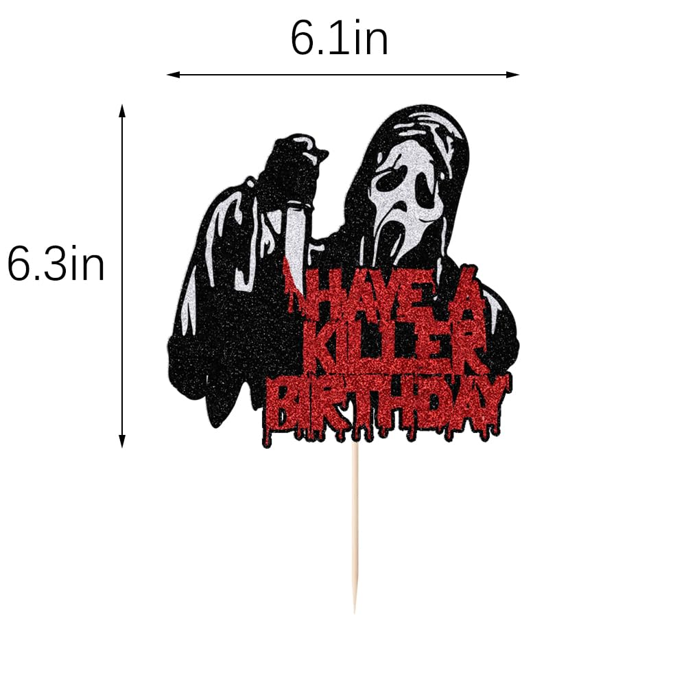 PALASASA Have a Killer Birthday Glitter Cake Topper,For Horror Classic Halloween Bloody Theme Birthday Party Cake Decorations (Death Killer)