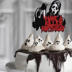 PALASASA Have a Killer Birthday Glitter Cake Topper,For Horror Classic Halloween Bloody Theme Birthday Party Cake Decorations (Death Killer)