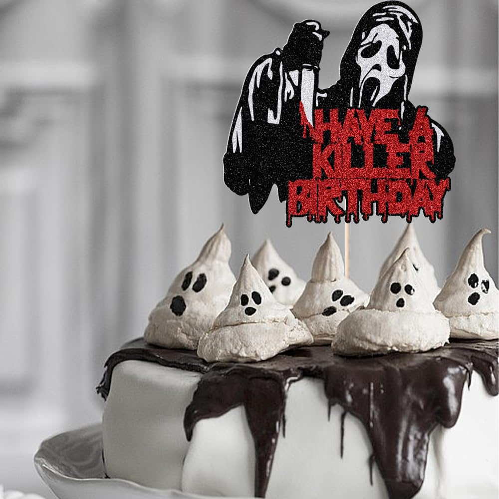 PALASASA Have a Killer Birthday Glitter Cake Topper,For Horror Classic Halloween Bloody Theme Birthday Party Cake Decorations (Death Killer)