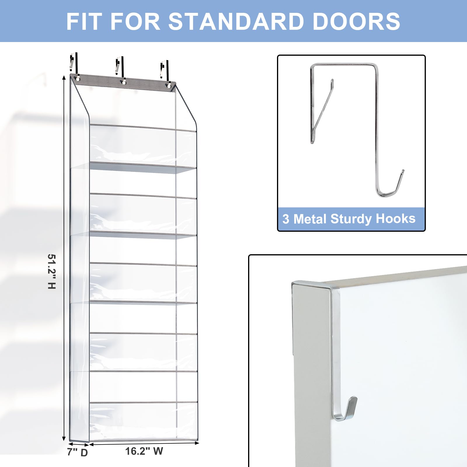 Fixwal Clear Over The Door Hat Racks Hanging Storage with 5 Large Pockets Holds up to 50 Caps Hat Storage Organizer for Closet Wall, Deep Pockets Hanging Hat Holder with 3 Hooks, Grey