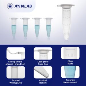 Microcentrifuge Tubes 1.5ml, AyinLab Polypropylene Plastic Tubes 500pcs, Lab Centrifuge Test Tubes with Leak-Proof Snap Caps and Clear Graduated Scale, Non-pyrogenic and DNase/RNase Free