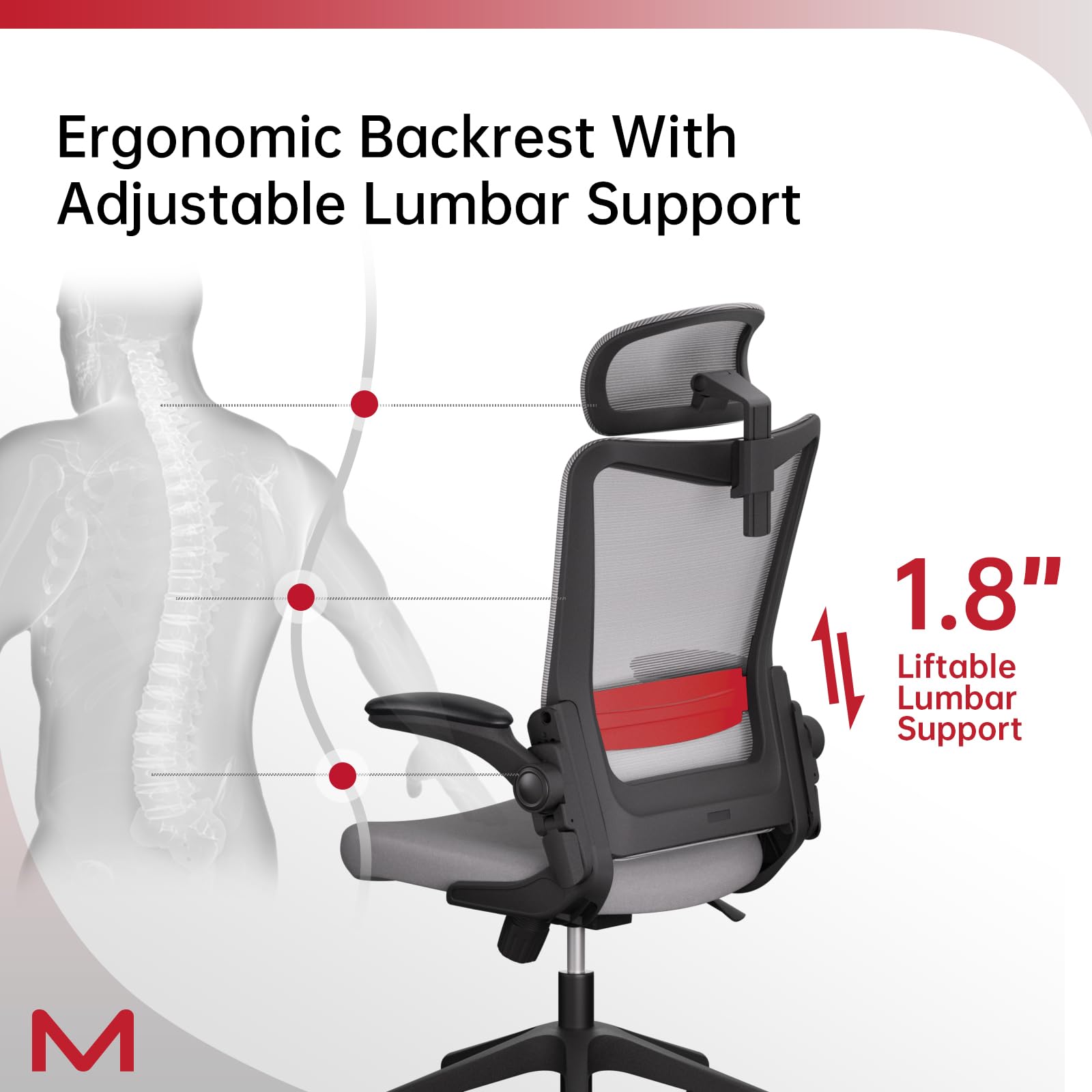 Motostuhl C6 Grey Ergonomic Office Chair Office Desk Chair with Lumbar Support 2D Headrest Flip Up 4D Armrest 120° Rocking Mesh Computer Chair Office Chairs for Office Home Conference Room Usage