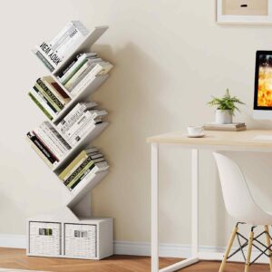 Vagusicc Tree Bookshelf, 6 Tier Bookshelf with Storage, Tall Narrow Bookcase, Wood Book Storage Rack for CDs/Books, Small Book Organizer Shelves for Bedroom, Living Room, Home Office, White