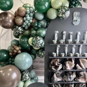 Enanal One Happy Camper Balloon Garland Arch Kit, 146pcs Sage Green Brown Camouflage Balloons with Campfire Balloon for Camping Woodland Party Supplies First Birthday Jungle Baby Shower Decorations