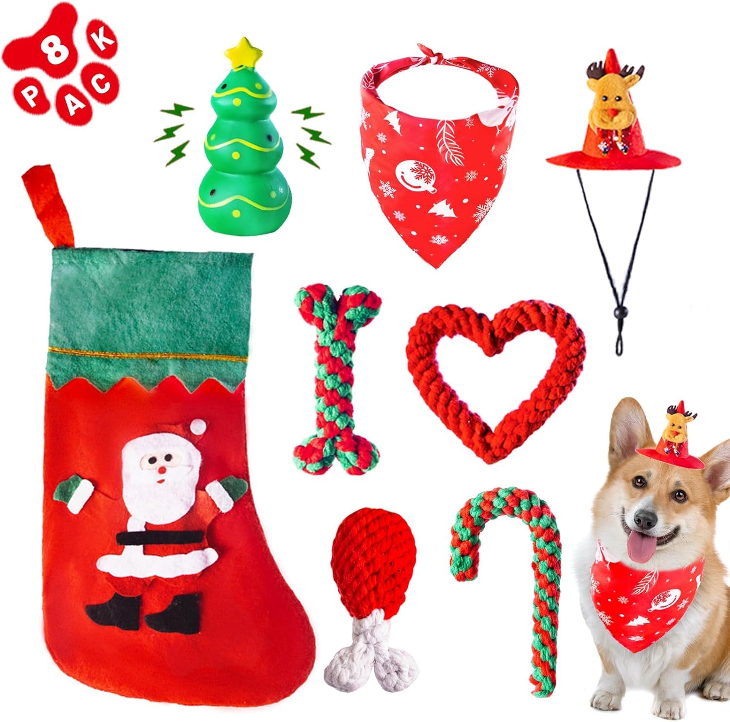 DARDOHIA Christmas Dog Toys for Small and Medium Dogs with Hat and Bandana Dog Christmas Stocking with Rope Toys and Squeaker Toys Christmas Puppy Chew Toys for Teething Bulk, 8 Pack