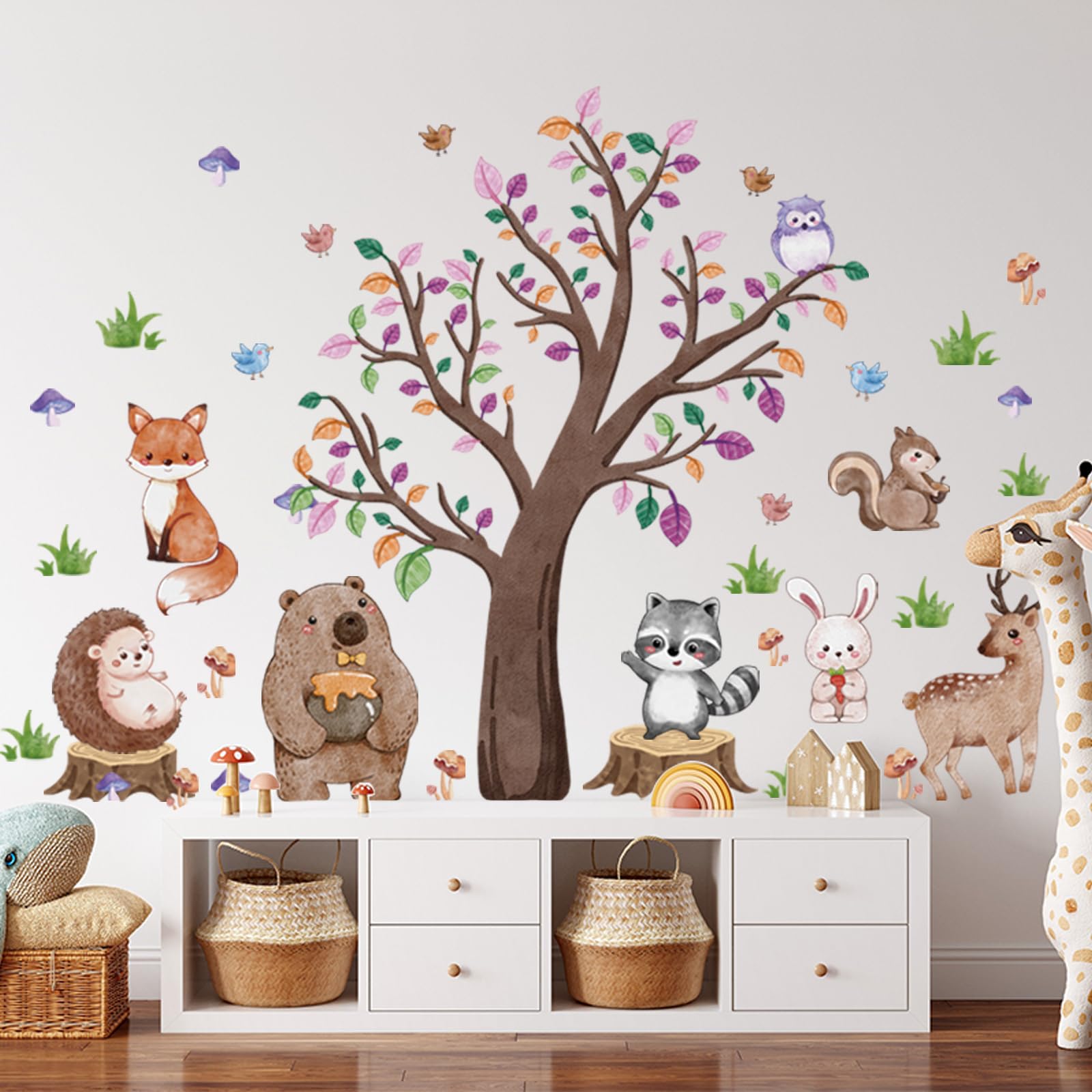 Suplanet Woodland Animals Wall Decals Tree Wall Stickers Fox Squirrel Deer Hedgehog Rabbit Bear Owl Raccoons Wall Decor for Boys Bedroom Baby Nursery Kids Bedroom Living Room