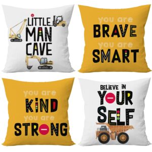 yuzi-n construction trucks pillow cases construction room decor for boys room construction pillow covers for toddler boy room bedroom playroom nursery, 18 x 18 inch set of 4,white yellow-trucks man