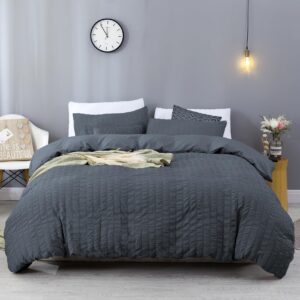 bowavat seersucker duvet cover full/queen size,100% washed microfiber 3 pieces dark grey duvet cover set, soft textured bedding set with zipper closure and corner ties (dark grey, full/queen)