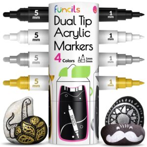 funcils 4 dual tip acrylic paint pens - fine tip & medium, permanent & waterproof - acrylic paint markers for rock painting, canvas, wood, ceramic, glass, fabric, metal - white, black, gold & silver