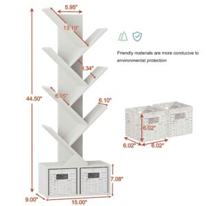 Vagusicc Tree Bookshelf, 6 Tier Bookshelf with Storage, Tall Narrow Bookcase, Wood Book Storage Rack for CDs/Books, Small Book Organizer Shelves for Bedroom, Living Room, Home Office, White