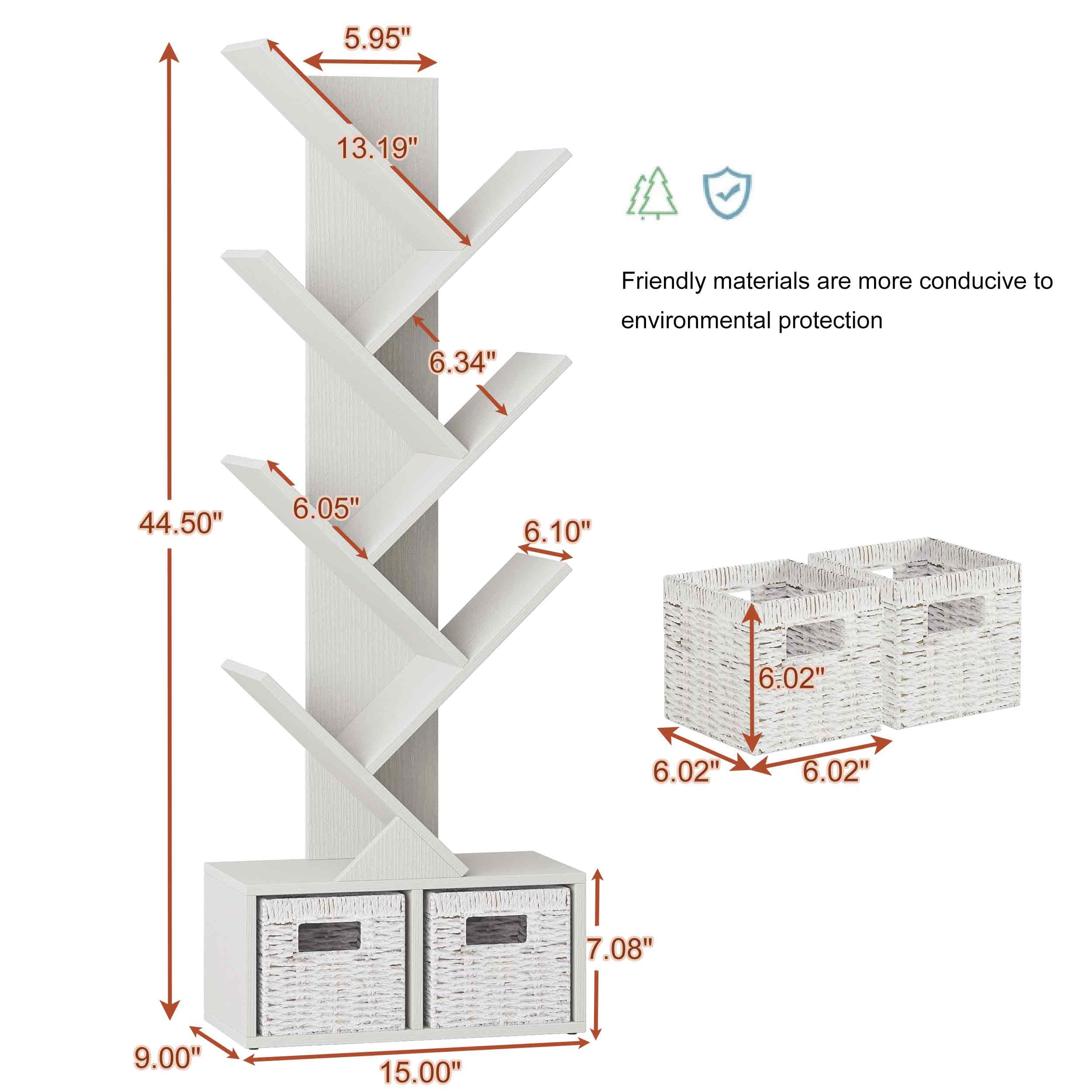 Vagusicc Tree Bookshelf, 6 Tier Bookshelf with Storage, Tall Narrow Bookcase, Wood Book Storage Rack for CDs/Books, Small Book Organizer Shelves for Bedroom, Living Room, Home Office, White