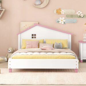 meritline full bed frame with house-shaped headboard, wooden full size platform bed frame with shelf, cute full bed for kids teens girls boys, no box spring needed, white+pink