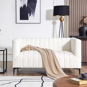 get set style modern accent loveseat sofa couch, tufted bouclé upholstered sherpa deep seat cloud couch with 2 pillows, comfy 2 seater love seat for living room apartment office lounge studio (white)