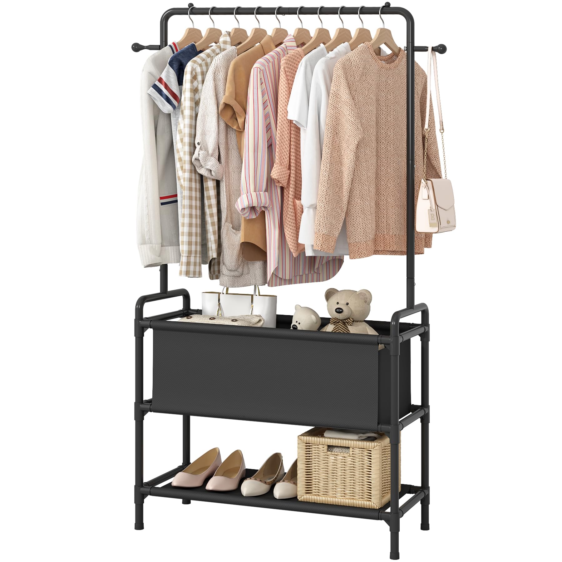 Calmootey Clothing Rack with Storage Bag, 3-in-1 Garment Rack, Non-woven Shelves for Shoes, Clothes Rack for Bedroom, Hallway, Entryway, Black