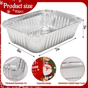 40Pcs Christmas Aluminum Pans With Lids,Disposable Food Containers Cookie Tins for Gift Giving in 8 Holiday Designs, Takeout Foil Pans with Covers for Holiday Leftovers Cookie Exchange Baking 5x7x2in