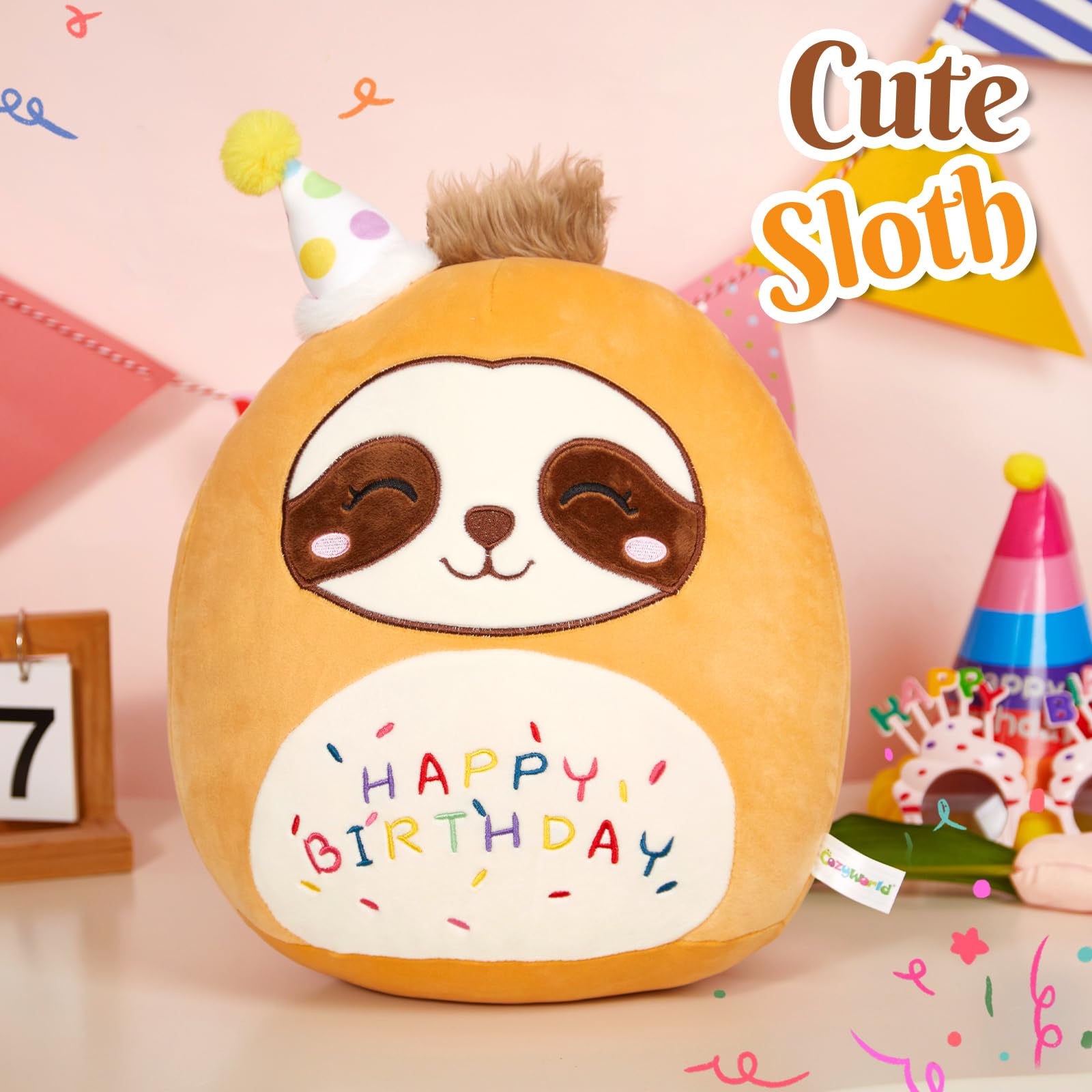 CozyWorld 15" Birthday Sloth Plush Pillow Soft Sloth Plush Toy Cute Sloth Stuffed Animal Home Room Decoration Birthday Gift for Kids Toddlers Brown