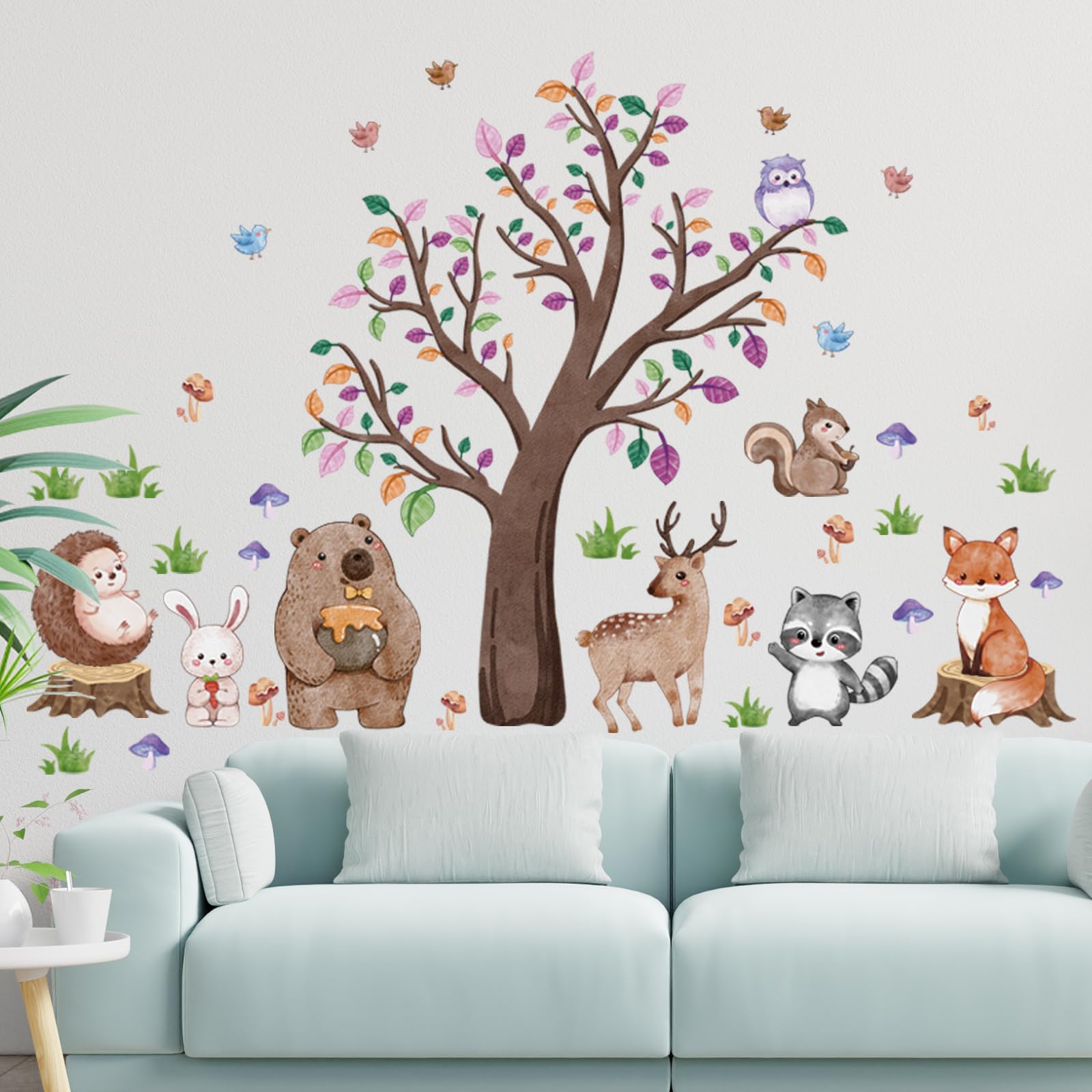 Suplanet Woodland Animals Wall Decals Tree Wall Stickers Fox Squirrel Deer Hedgehog Rabbit Bear Owl Raccoons Wall Decor for Boys Bedroom Baby Nursery Kids Bedroom Living Room