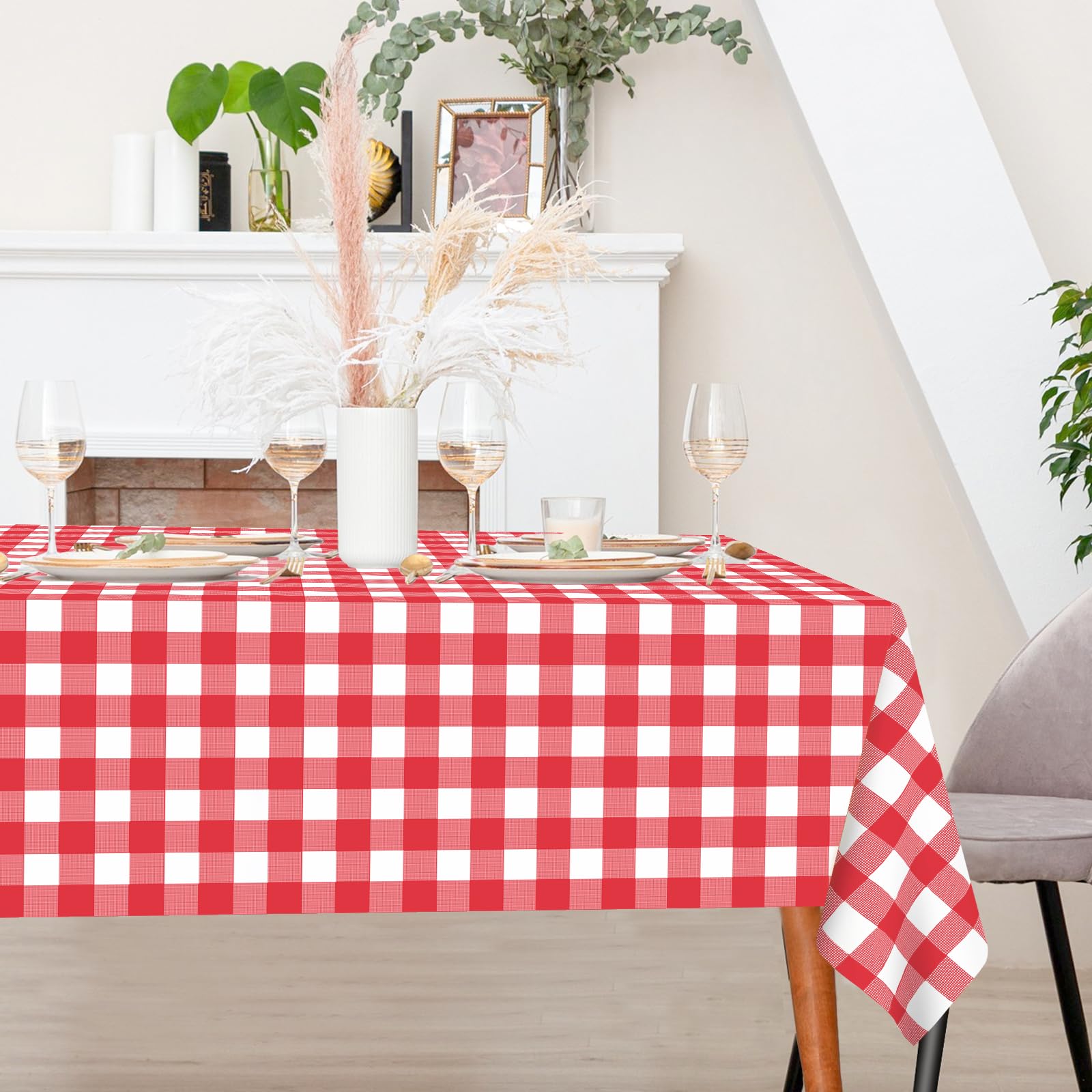 WNINK 2 Pack Red Gingham Tablecloth Rectangular Red and White Checkered Tablecloths Disposable Plastic Red Plaid Table Cover for Parties, Christmas, Outdoor Picnic, Birthday, Wedding, Camping 54 × 108