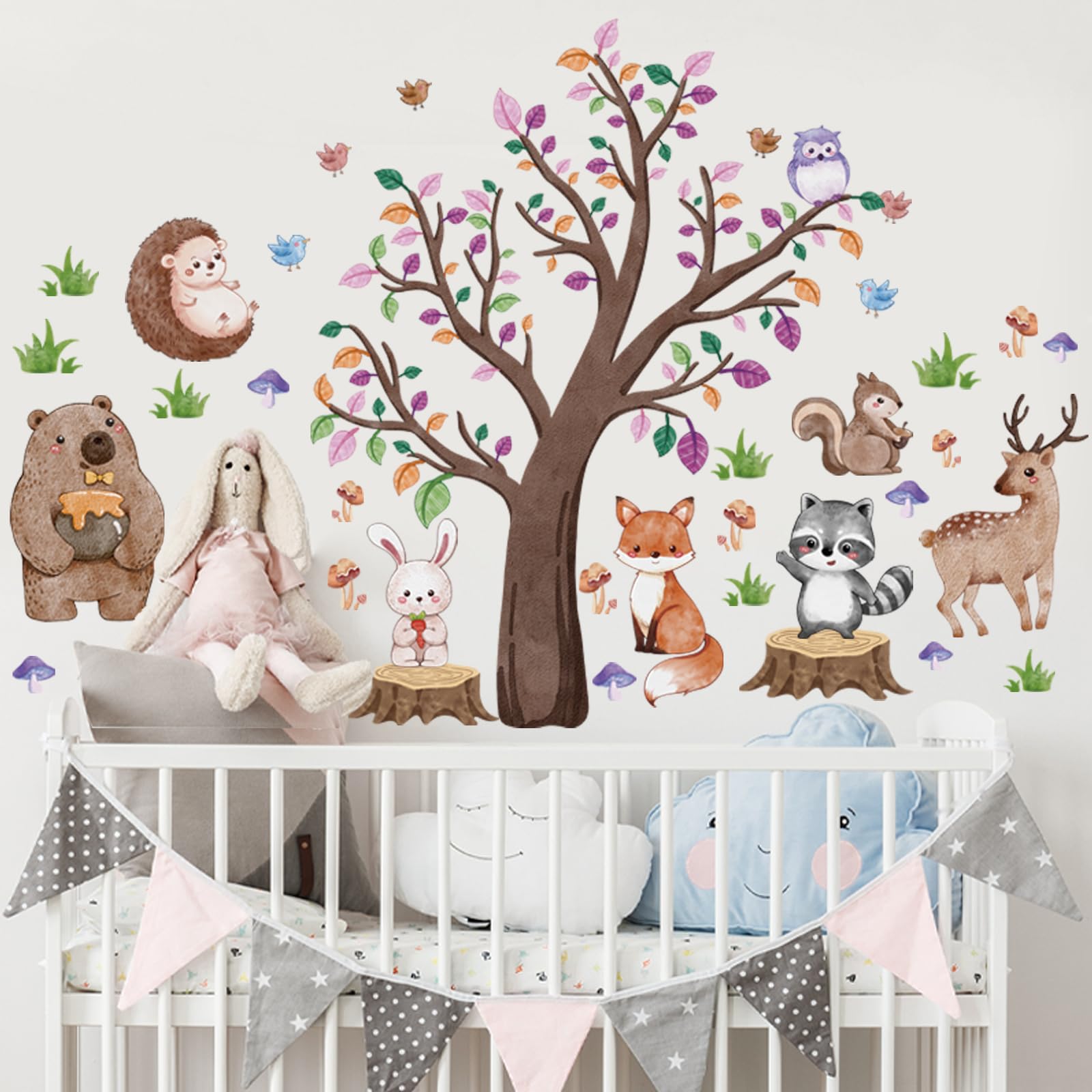 Suplanet Woodland Animals Wall Decals Tree Wall Stickers Fox Squirrel Deer Hedgehog Rabbit Bear Owl Raccoons Wall Decor for Boys Bedroom Baby Nursery Kids Bedroom Living Room