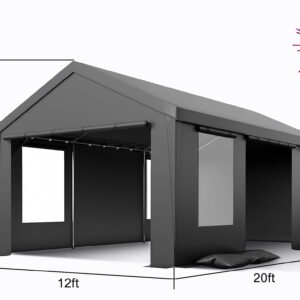 Luckyberry 12'x 20' Heavy Duty Carport Portable Tent,Waterproof，UV-Protection Carport Garage with Removable Sidewalls & Doors for Quick-Setup Carport Car, Truck, Boat with All-Season Tarp, Grey