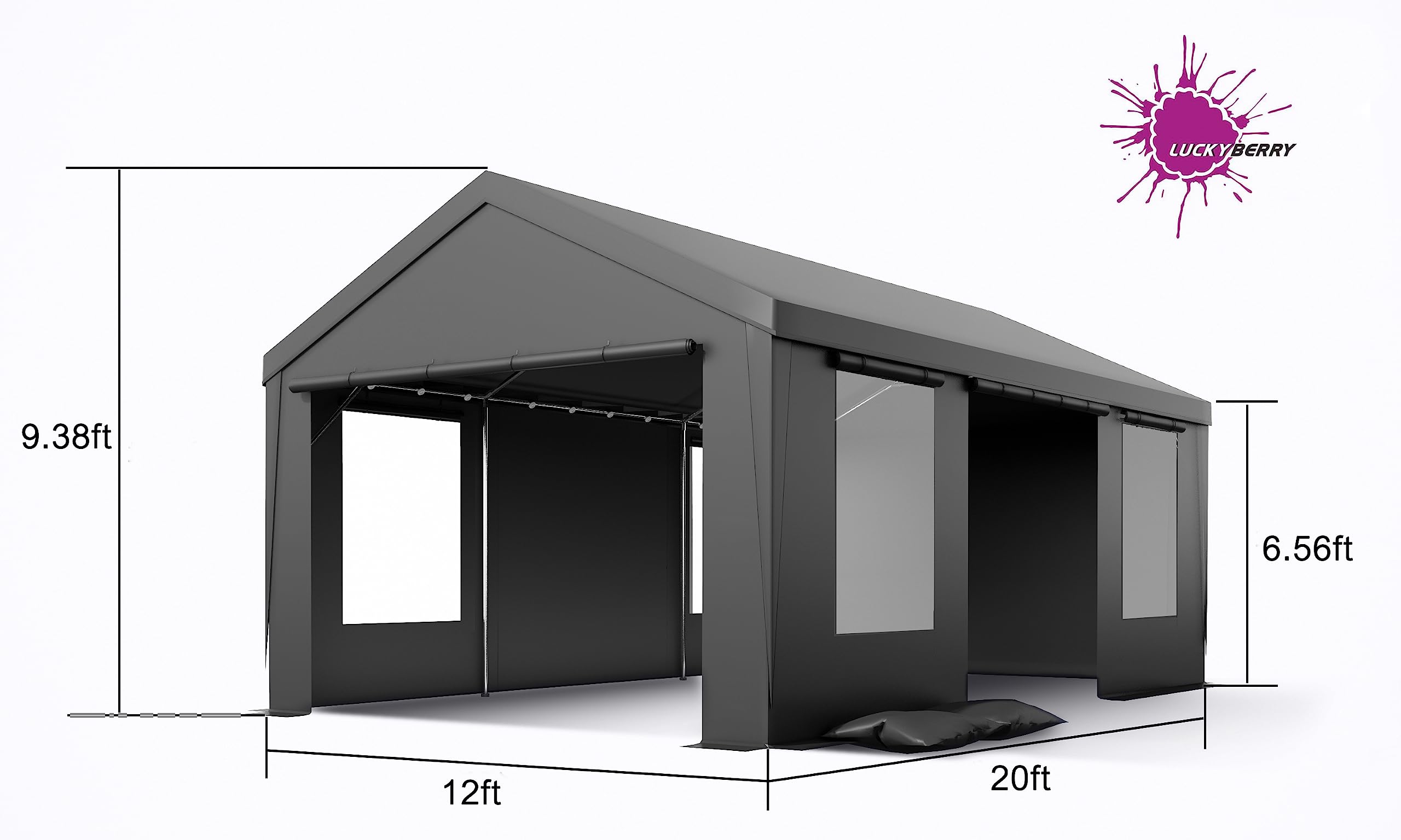 Luckyberry 12'x 20' Heavy Duty Carport Portable Tent,Waterproof，UV-Protection Carport Garage with Removable Sidewalls & Doors for Quick-Setup Carport Car, Truck, Boat with All-Season Tarp, Grey