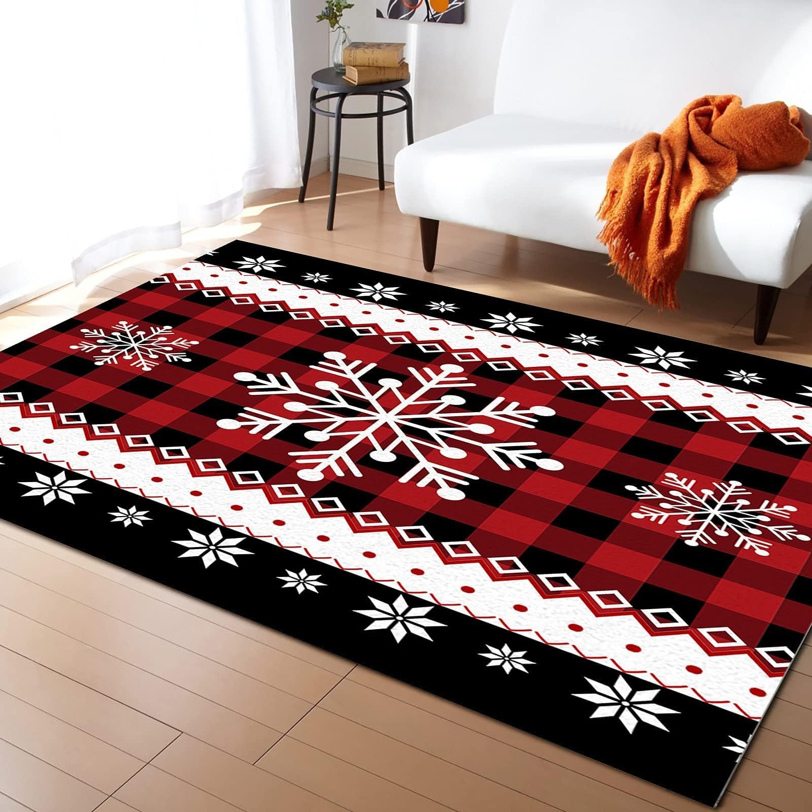 Christmas Theme with White Snowflakes Art Home Decor Rug, Red and Black Plaid Machine Washable Area Rugs, with Anti-Slip Backing Indoor Carpet for Living Room Bedroom Study Dining Room-3' x 4'