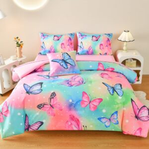 tasselily butterfly bedding set full, pink butterfly comforter set for girls kids teens 6 pcs bed in a bag full bedding sets for girls