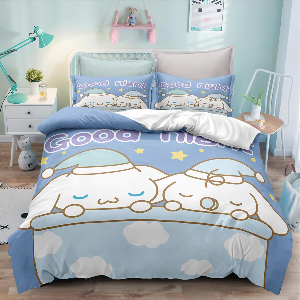 The CIN-namoroll Theme Bedding Set,3 Piece 3D Cartoon Printed Breathable Durable Microfiber Comforter Set,Gifts for Kids Teenagers Adult,1 Duvet Cover with 2 Pillowcases