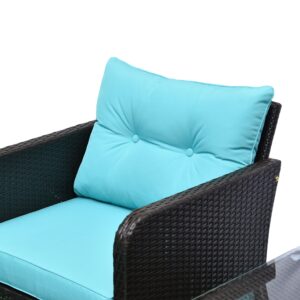 Outsunny 5 Pieces Rattan Wicker Lounge Chair Outdoor Patio Conversation Set with 2 Cushioned Chairs, 2 Ottomans and Tempered Glass Top Coffee Table, Blue