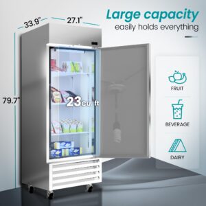 KICHKING 27" W Dynamic Cooling Commercial Refrigerator 23 Cu. Ft OmniSmart Temperature Control 33℉~41℉ Stainless Steel Reach-In Commercial Refrigerator Digital Thermostat LED Lighting 3 Shelves