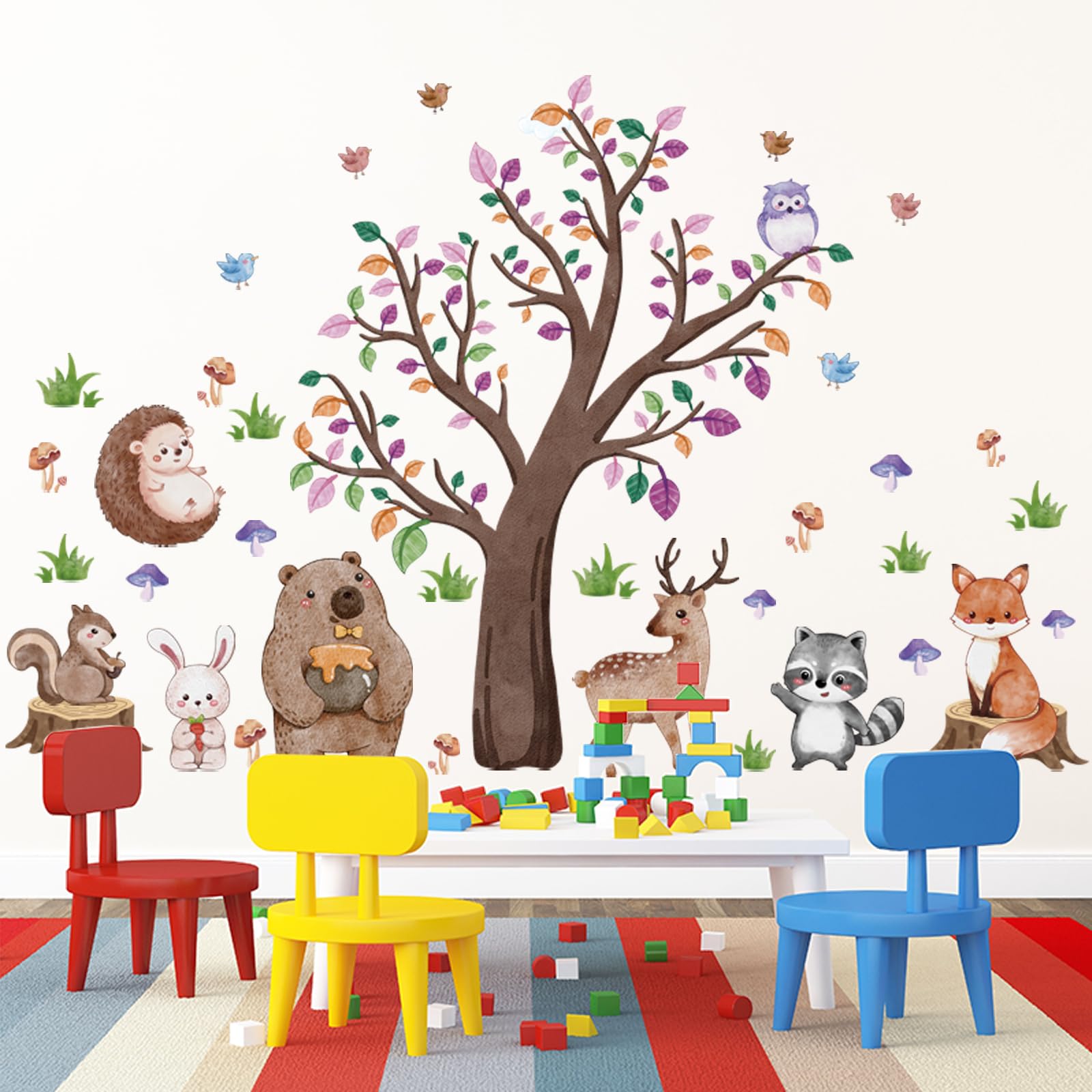 Suplanet Woodland Animals Wall Decals Tree Wall Stickers Fox Squirrel Deer Hedgehog Rabbit Bear Owl Raccoons Wall Decor for Boys Bedroom Baby Nursery Kids Bedroom Living Room