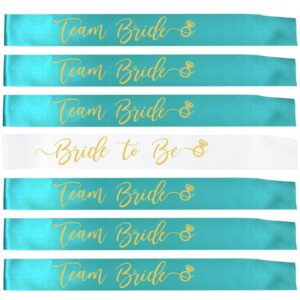 skjiayee 7pcs bachelorette party bride sashes set- white gold letters bride to be sash and team bride sashes for bachelorette party decorations-bridal shower party favors gift (white+teal)