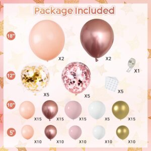 Rose Gold Balloon Garland Kit, Nude Pastel Pink Metallic Gold Matte White Balloons Gold and Rose Gold Confetti Balloons for Wedding Bridal Shower Princess Party Girl Birthday Baby Shower Decorations