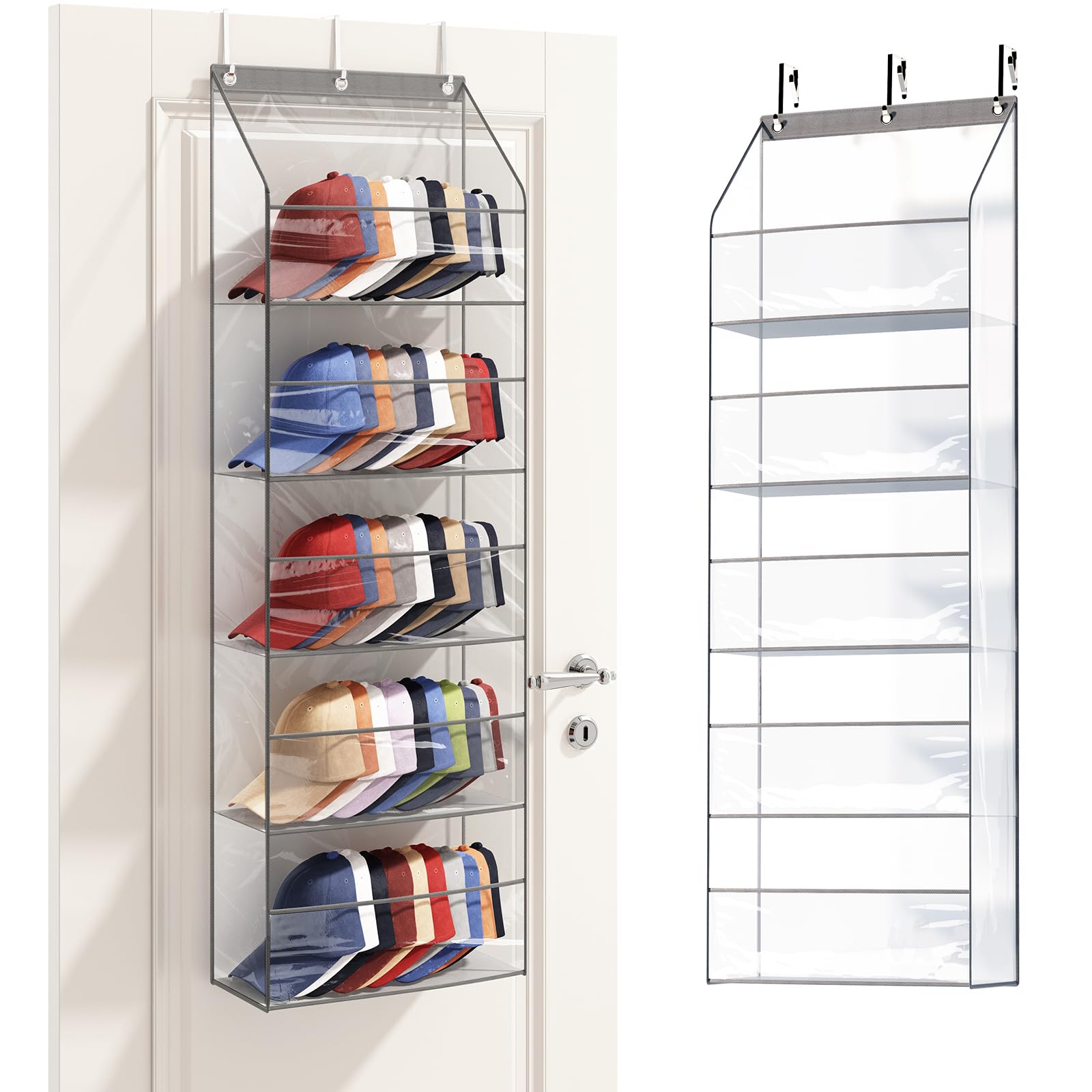 Fixwal Clear Over The Door Hat Racks Hanging Storage with 5 Large Pockets Holds up to 50 Caps Hat Storage Organizer for Closet Wall, Deep Pockets Hanging Hat Holder with 3 Hooks, Grey