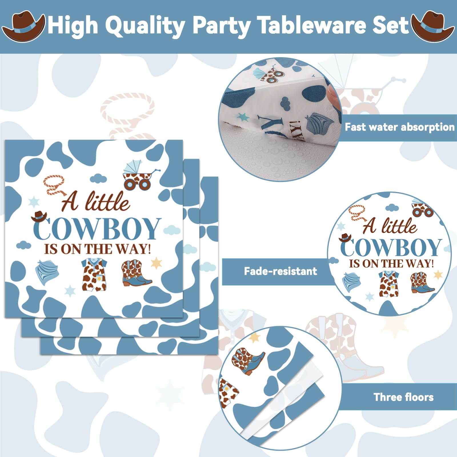 96 Pcs Western Baby Shower Plates and Napkins Party Supplies Western Cowboy Tableware Set Little Cowboy Party Decorations Favors for Cowboy Baby Shower Serves 24 Guests