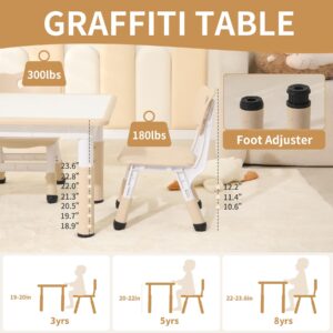 Hulaibit Toddler Table and Chairs, Kids Table and 4 Chairs Set with Graffiti Desktop, Height-Adjustable Kids Study Table for Boys and Girls Aged 3-8, Max 300lbs