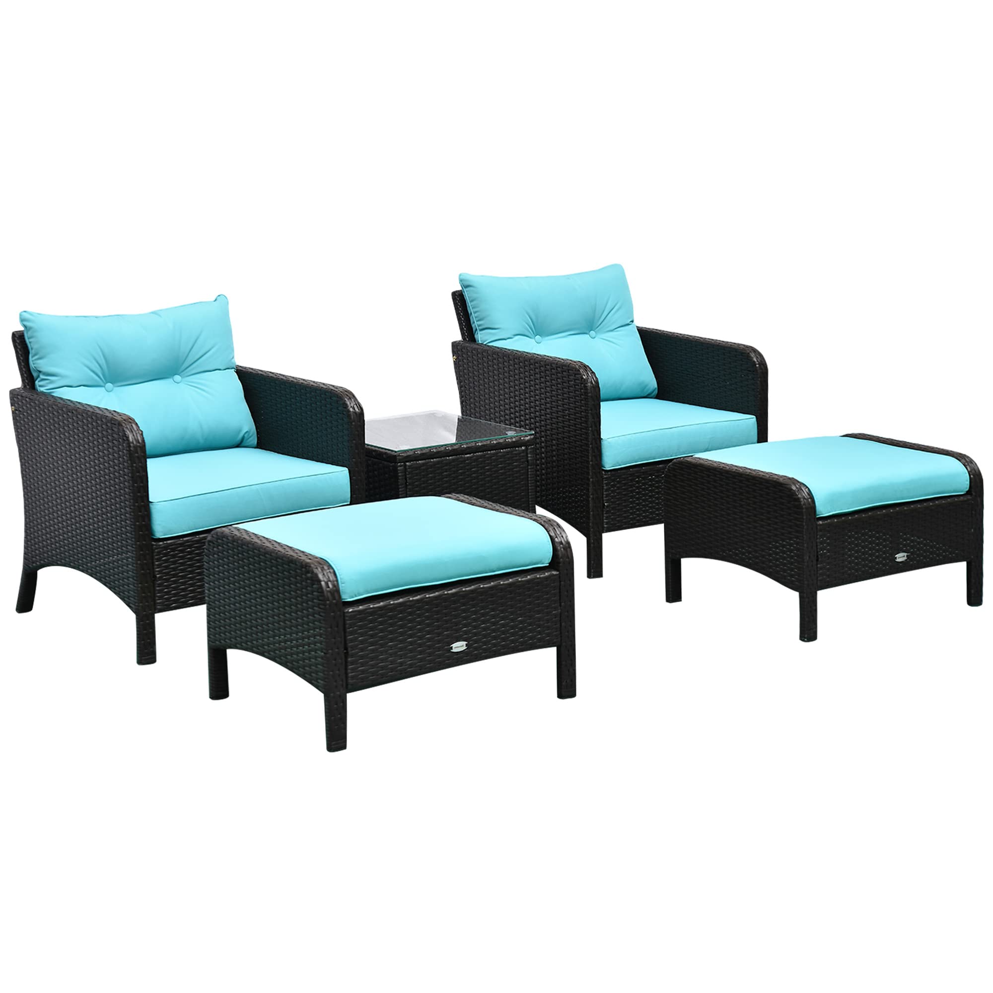 Outsunny 5 Pieces Rattan Wicker Lounge Chair Outdoor Patio Conversation Set with 2 Cushioned Chairs, 2 Ottomans and Tempered Glass Top Coffee Table, Blue