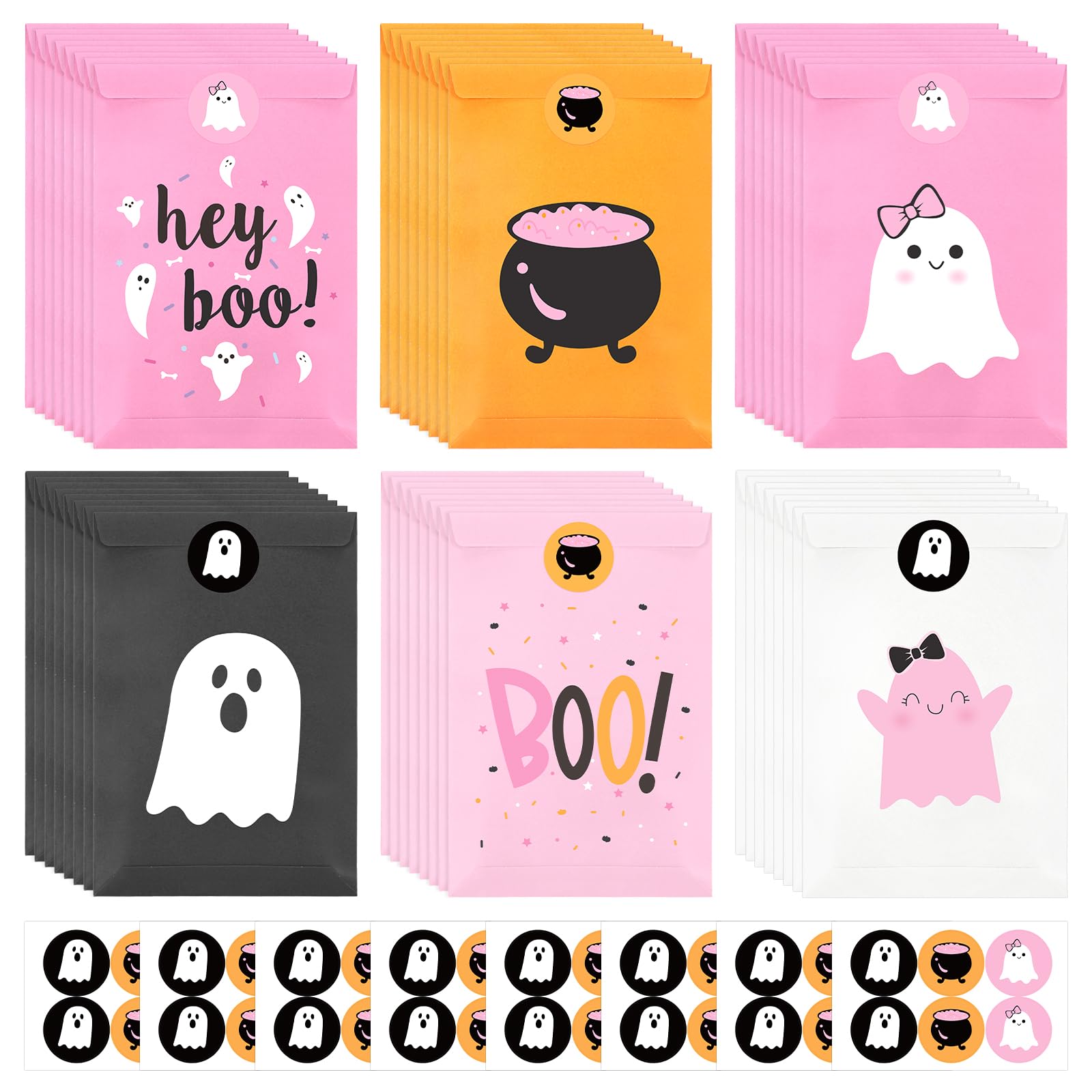 FHzytg 48Pcs Halloween Boo Party Favor Bags, Pink Halloween Ghost Candy Bags Halloween Party Gift Bags for Girl Halloween Spooky Birthday Decorations Boo Baby Shower Happy Boo Day Decorations