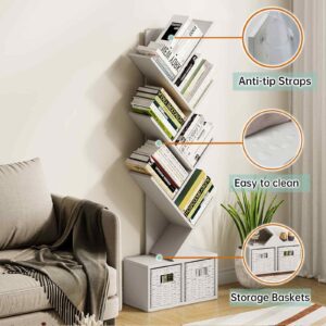 Vagusicc Tree Bookshelf, 6 Tier Bookshelf with Storage, Tall Narrow Bookcase, Wood Book Storage Rack for CDs/Books, Small Book Organizer Shelves for Bedroom, Living Room, Home Office, White