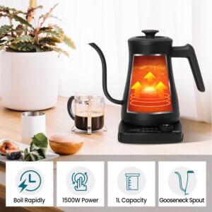 TUMIDY Electric Gooseneck Kettle Temperature Control 1L 8 Variable Presets Pour over Coffee Kettle, 1500W Rapid Heating, Stainless Steel Inner, Auto Shutoff Anti-dry Protection Matte Black