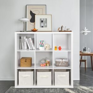 pachira us 9 cube storage shelf organizer open bookshelf floor standing wooden display shelf with backplane, 13 x 13 x 15 inch cube storage shelf, white finish