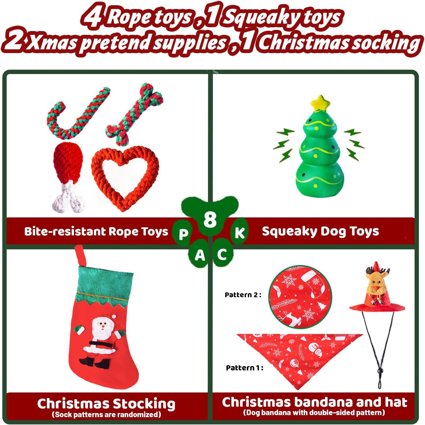 DARDOHIA Christmas Dog Toys for Small and Medium Dogs with Hat and Bandana Dog Christmas Stocking with Rope Toys and Squeaker Toys Christmas Puppy Chew Toys for Teething Bulk, 8 Pack