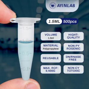 Microcentrifuge Tubes 1.5ml, AyinLab Polypropylene Plastic Tubes 500pcs, Lab Centrifuge Test Tubes with Leak-Proof Snap Caps and Clear Graduated Scale, Non-pyrogenic and DNase/RNase Free