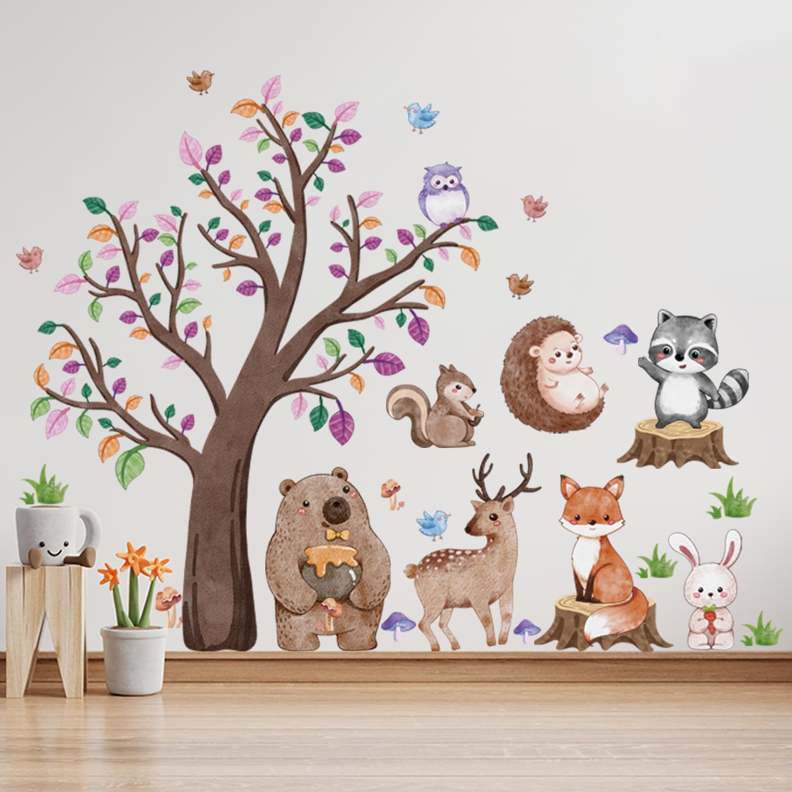 Suplanet Woodland Animals Wall Decals Tree Wall Stickers Fox Squirrel Deer Hedgehog Rabbit Bear Owl Raccoons Wall Decor for Boys Bedroom Baby Nursery Kids Bedroom Living Room