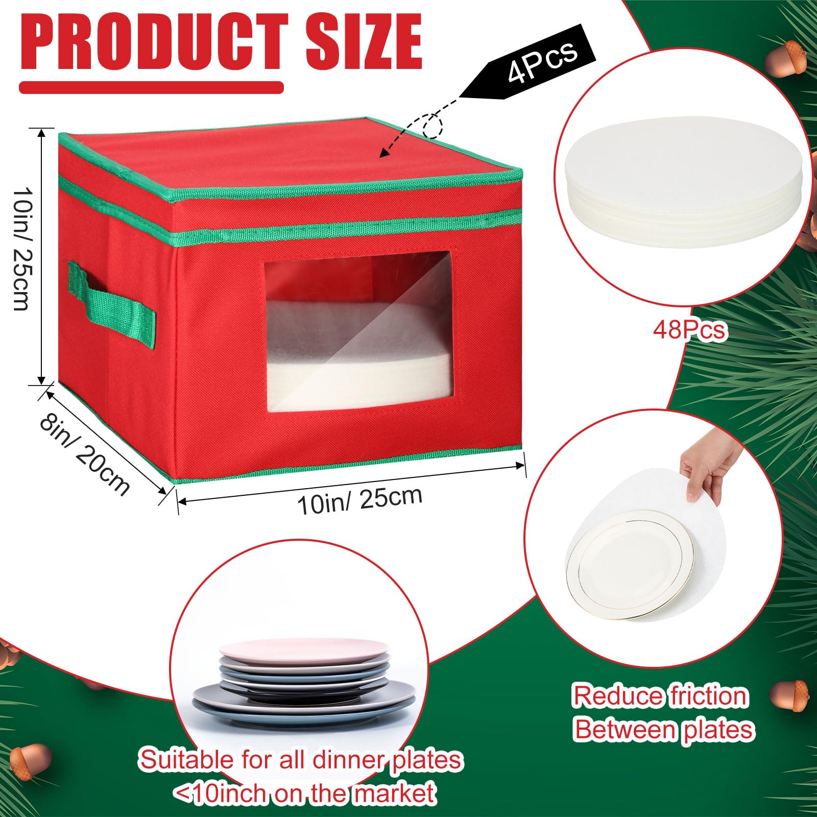 Silkfly 4 Pcs Christmas Dinnerware Storage Box China Storage Containers for Dishes Stackable Plate Storage with 48 Felt Dividers (Red,10 x 10 x 8 Inch)