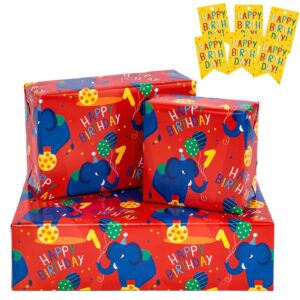 ruspepa birthday wrapping paper sheets with 1 year old birthday elephant pattern great for birthday gift wrap, 6 fold on sheets each set, 27 inches x 19 inches, age 1