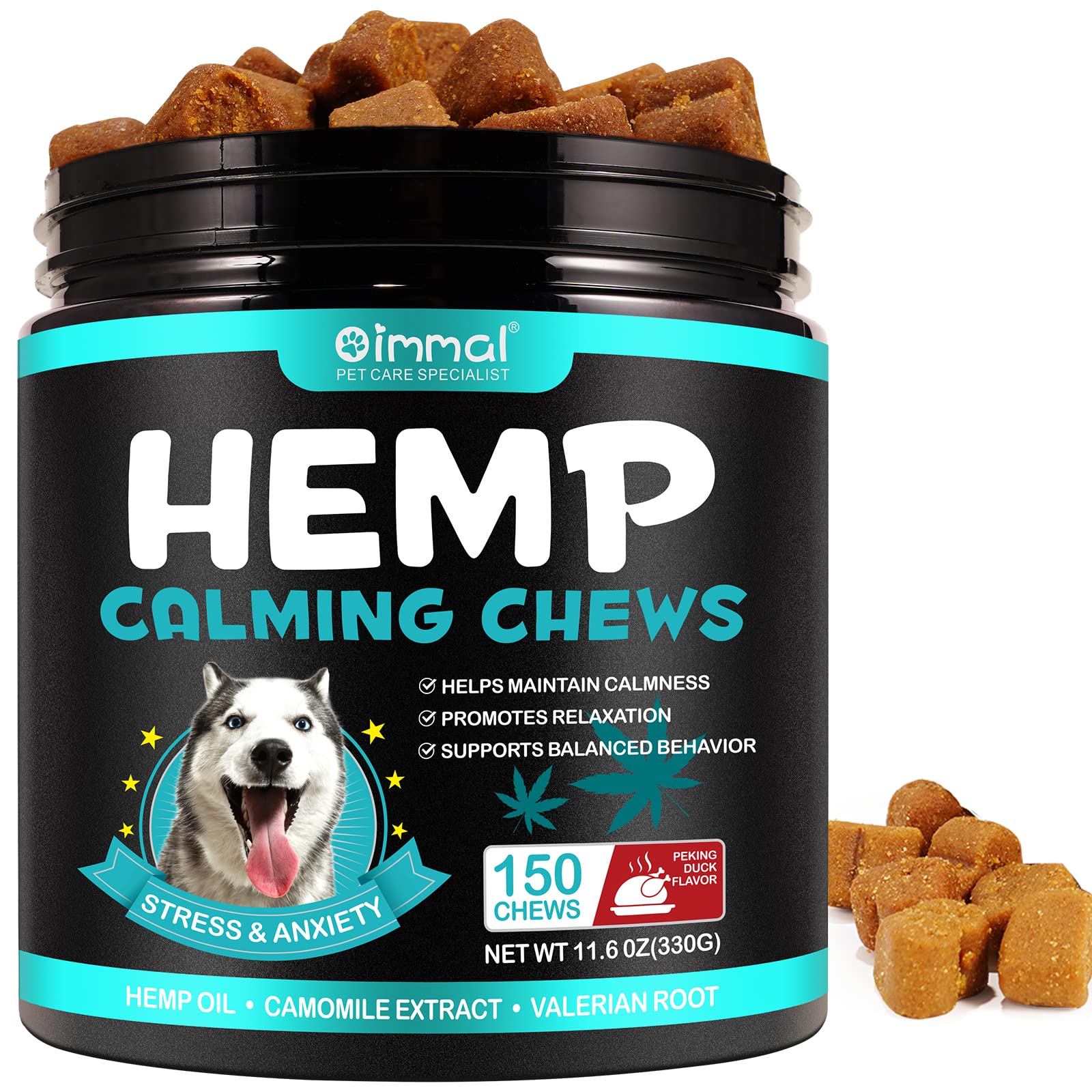 Calming Chews for Dogs 150 Cherws, Dog Calming Treats, Helps with Dog Anxiety, Separation, Barking, Stress Relief, Melatonin for Dogs, Sleep Calming Aid, All Breeds & Sizes (Pekingduck-150Chews)