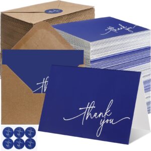 gueevin 200 pcs thank you cards with kraft envelopes and stickers bulk,3.5 x 5 inch classy blank thank you notes for wedding,business,graduation,baby shower,bridal shower,funeral(navy blue)